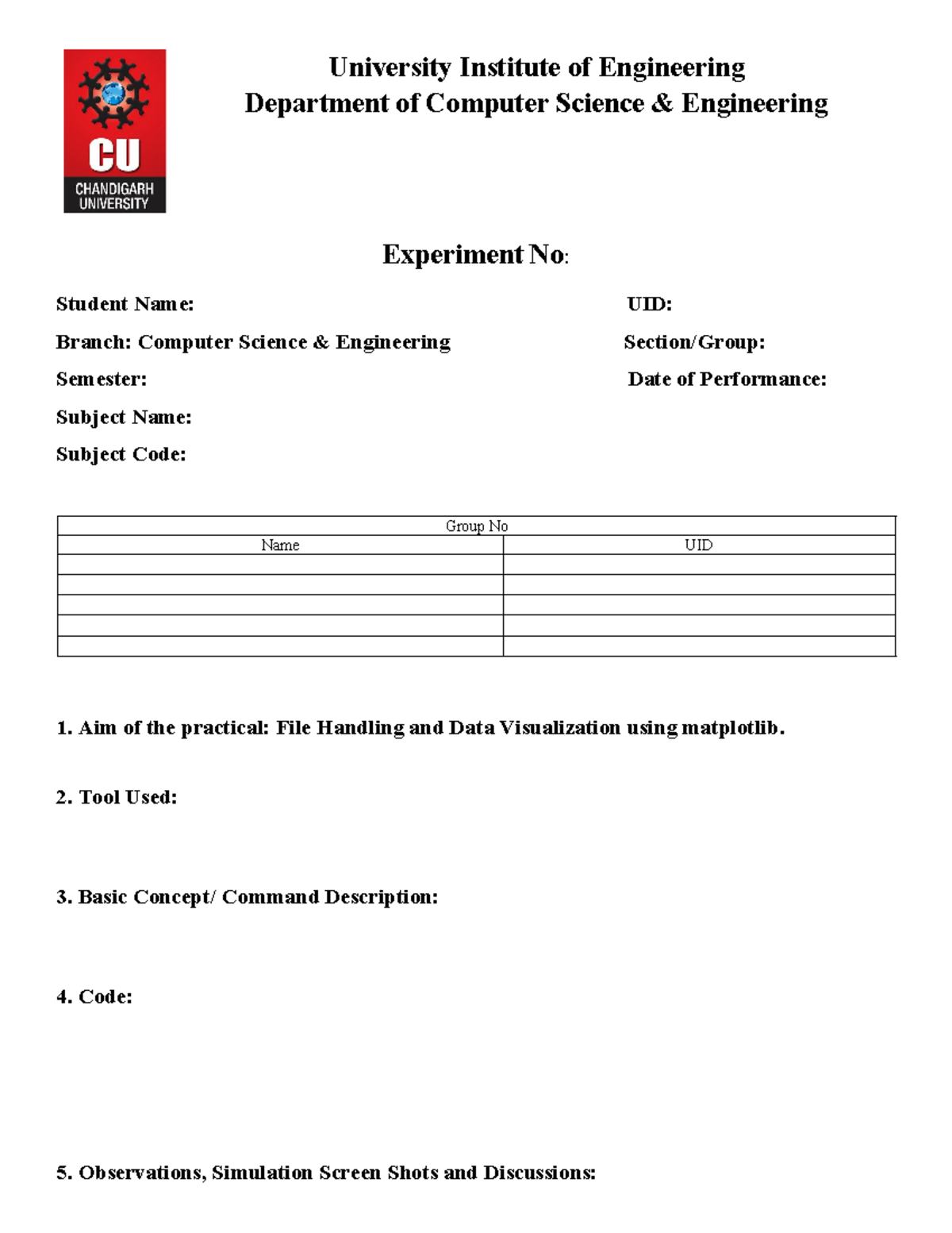 Sample Worksheet - University Institute of Engineering Department of Computer Science & - Studocu