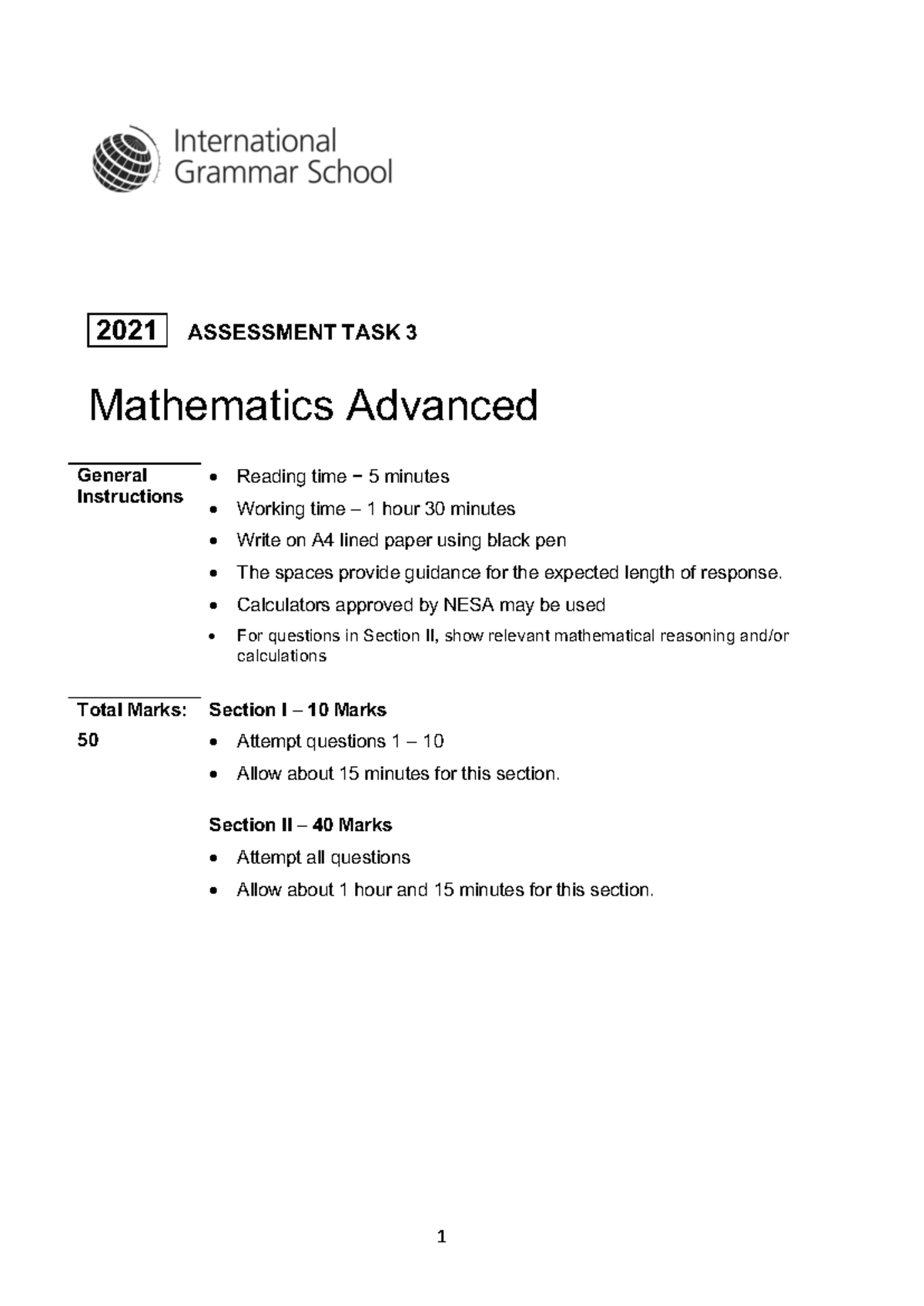 Yearly 2021 - International Grammar Mathematics Advanced Paper - 2021 ...