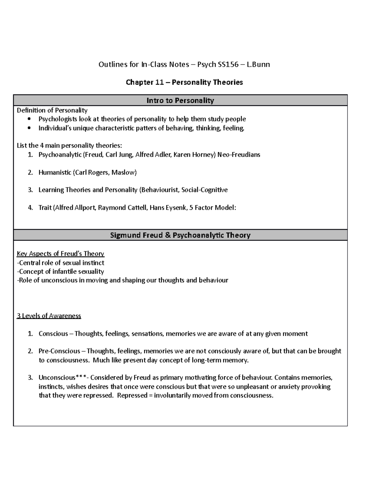 Note taking outline - Ch 11 - Personality - Outlines for In-Class Notes ...