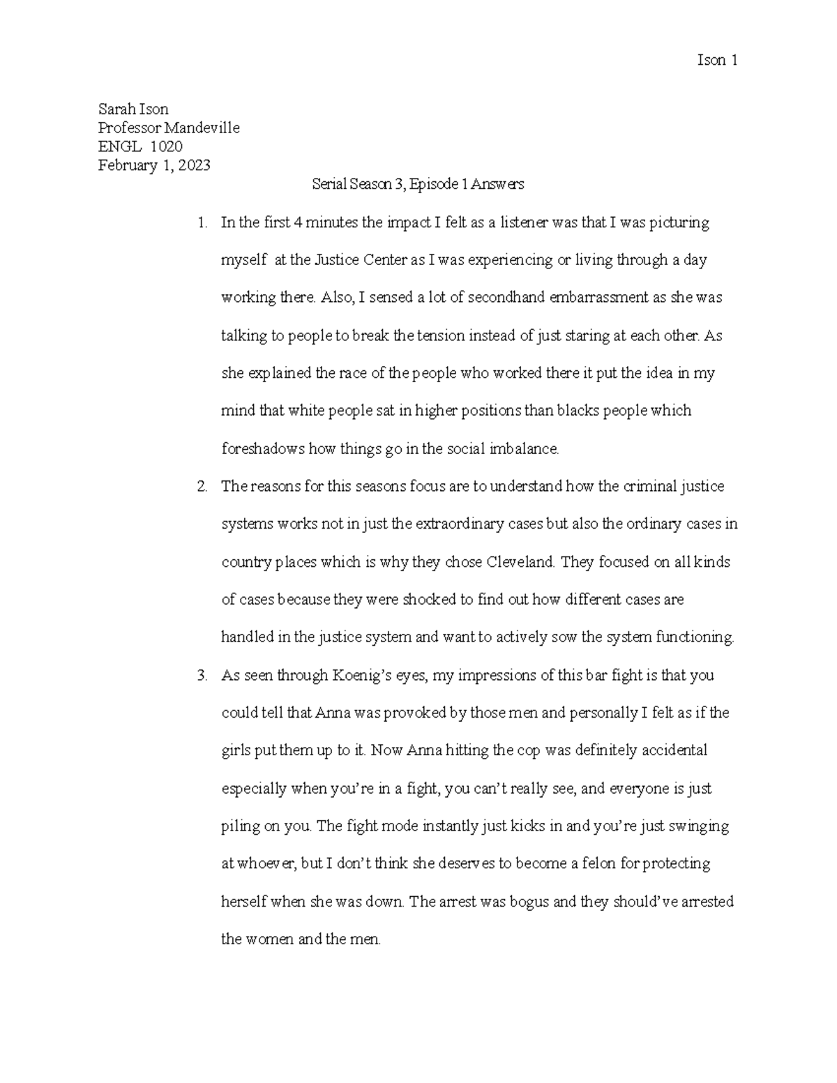 Serial Season 3, Episode 1 Answers - Ison 1 Sarah Ison Professor ...