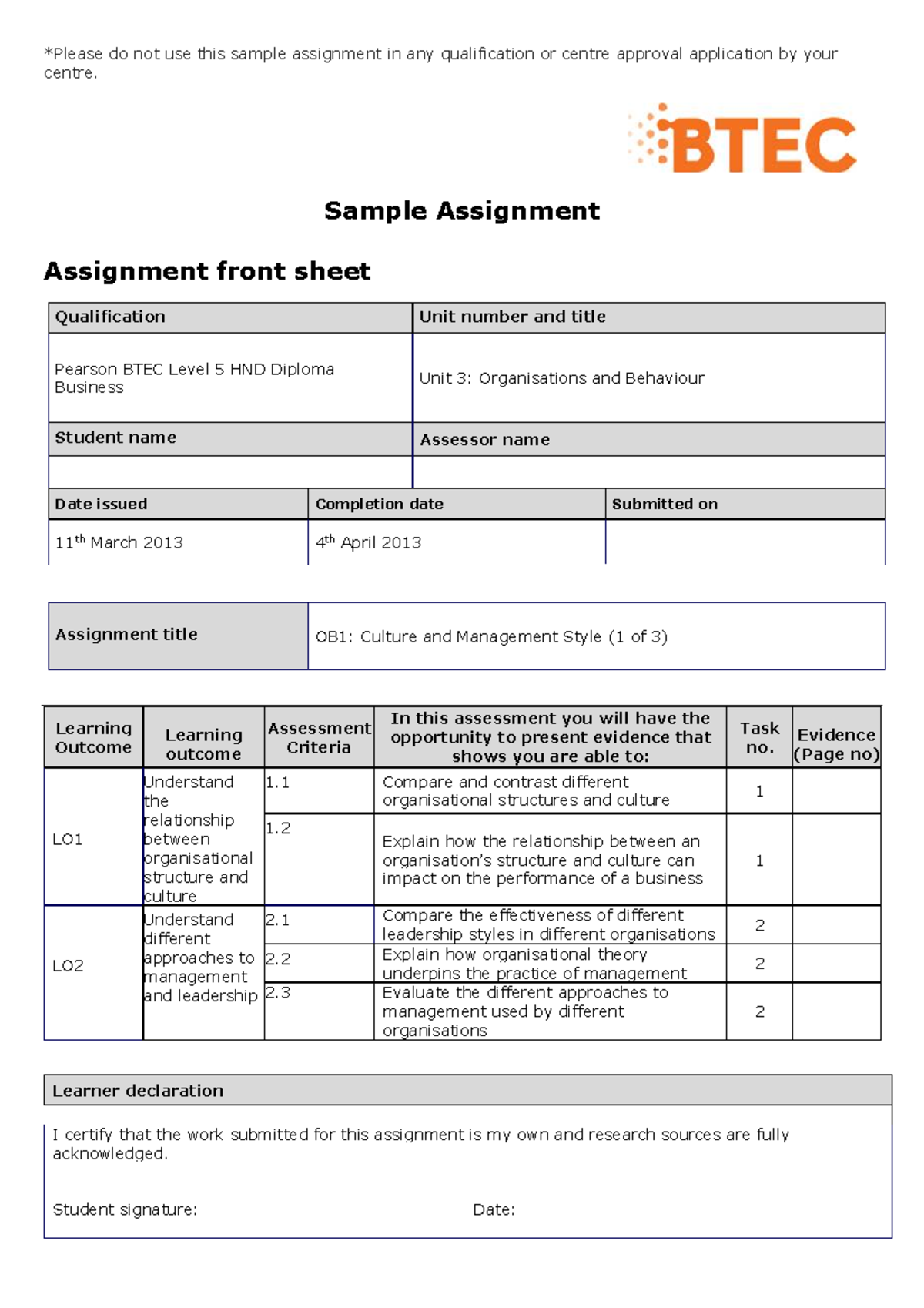 Pearson BTEC Level 5 HND Diploma in Business Sample Assignment - centre. Sample Assignment - Studocu