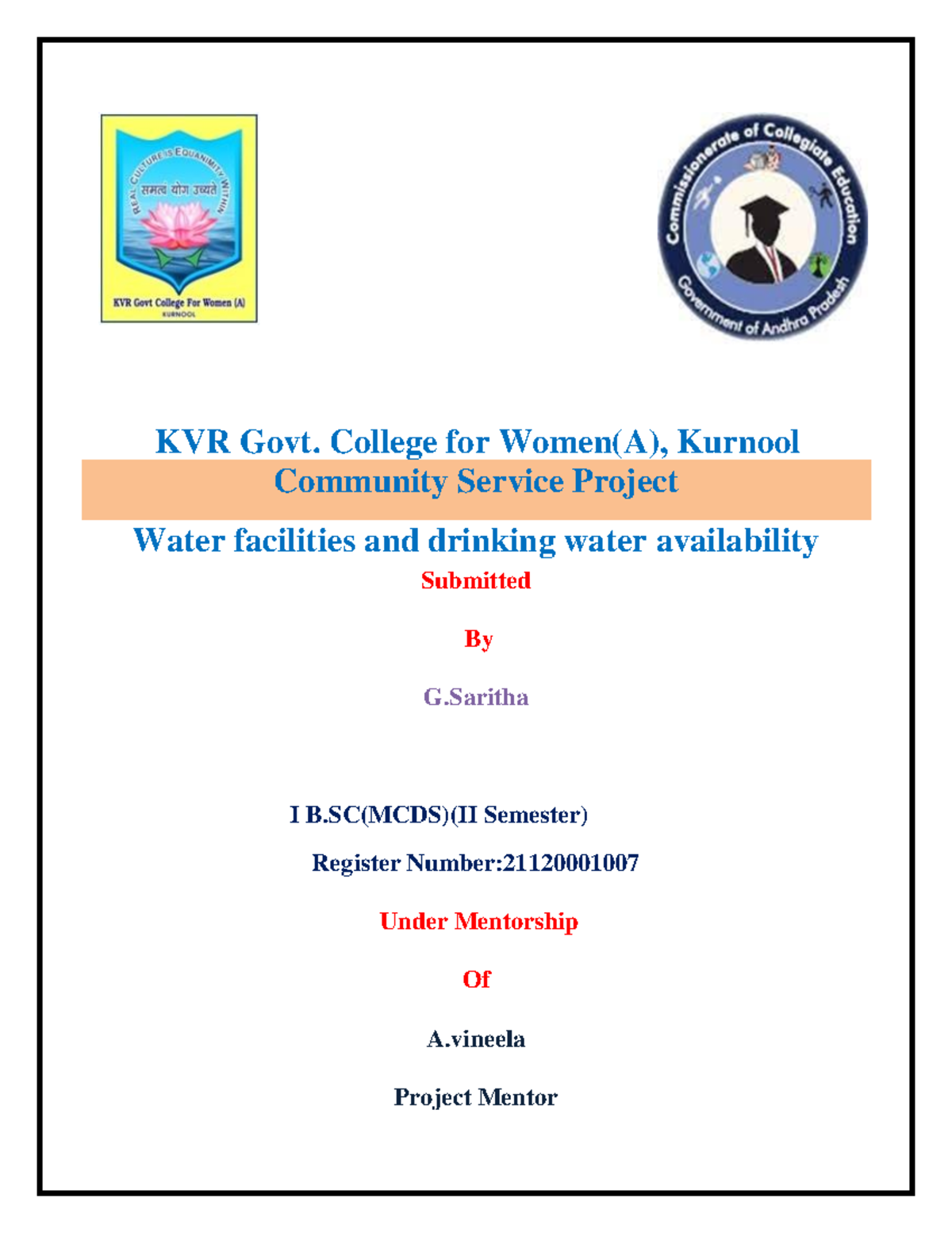 G - Community service project - KVR Govt. College for Women(A), Kurnool ...