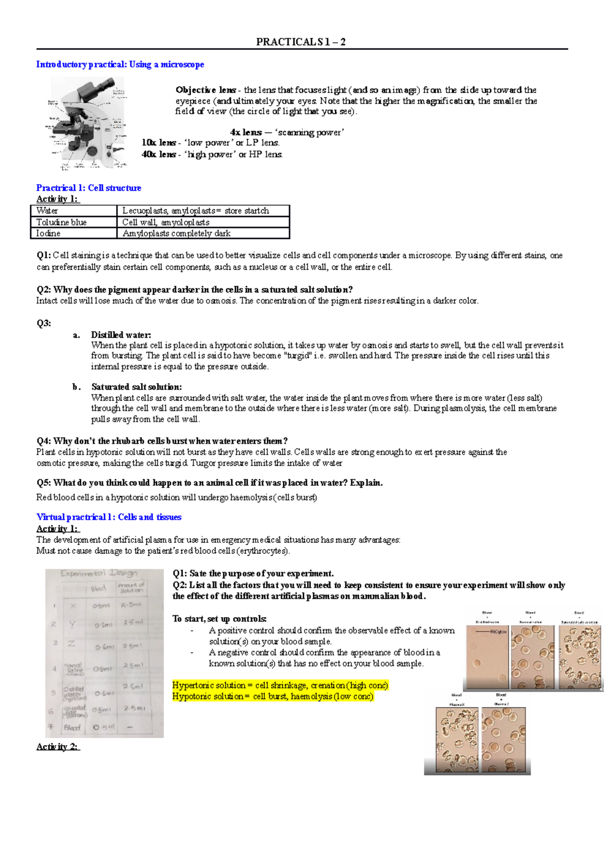 BIOL10002 - practical summaries - PRACTICALS 1 – 2 Introductory ...