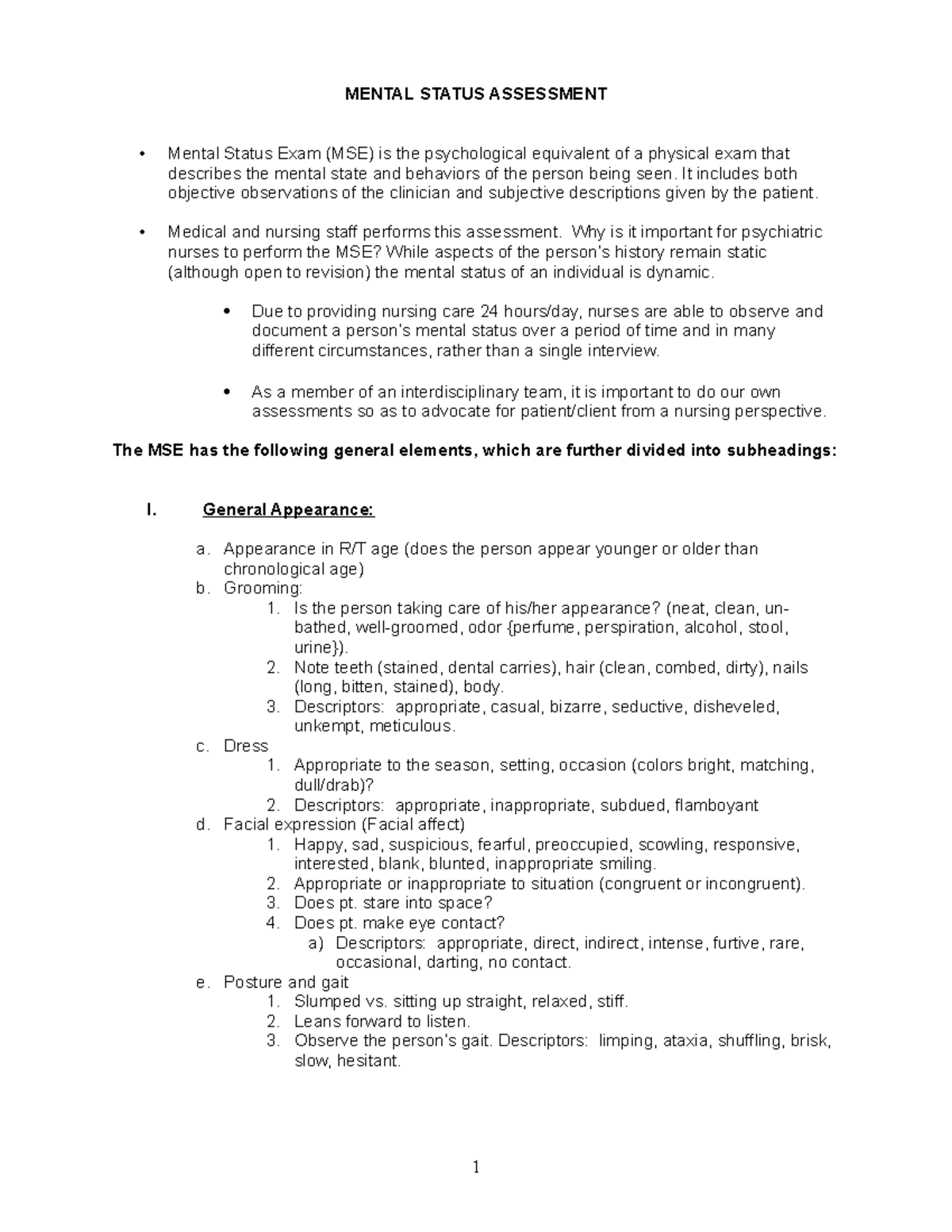 Mental Status Assessment - MENTAL STATUS ASSESSMENT Mental Status Exam ...