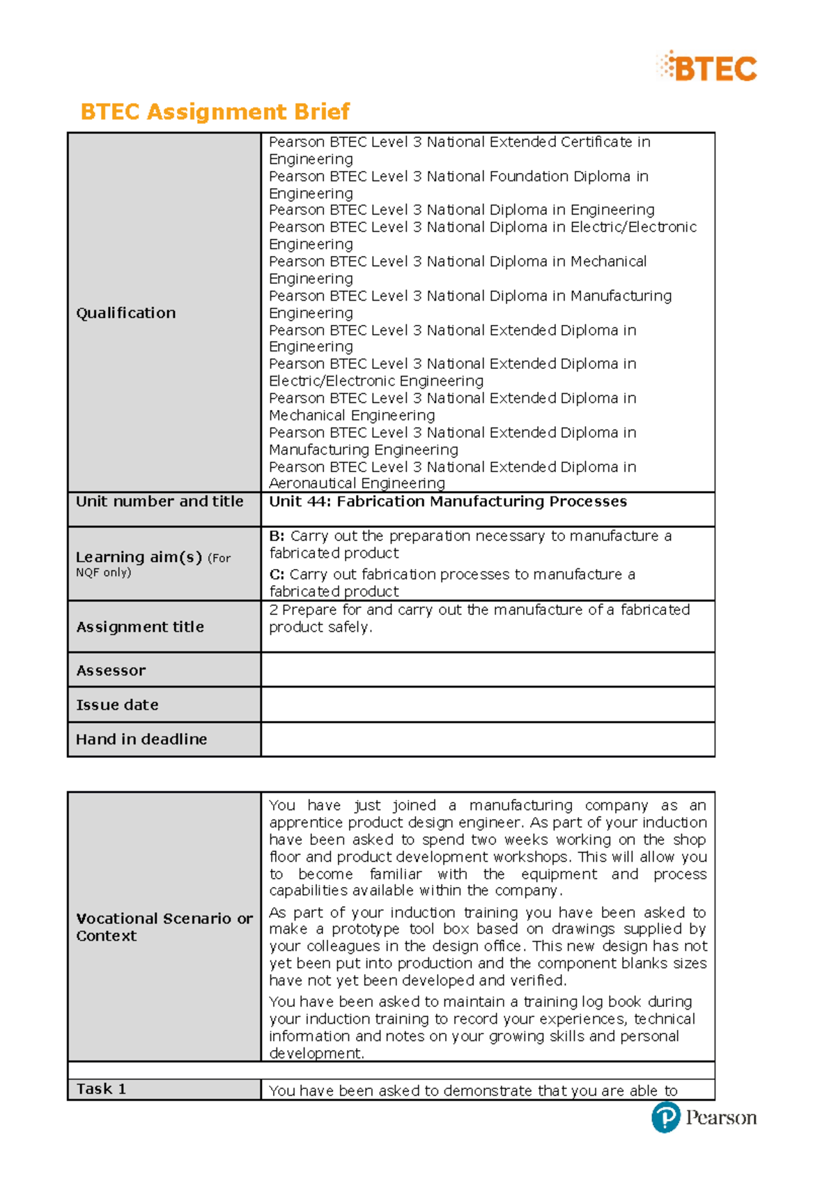 Unit 44 Assignment 2 Assignment Brief Btec Assignment Brief Qualification Pearson Btec Level