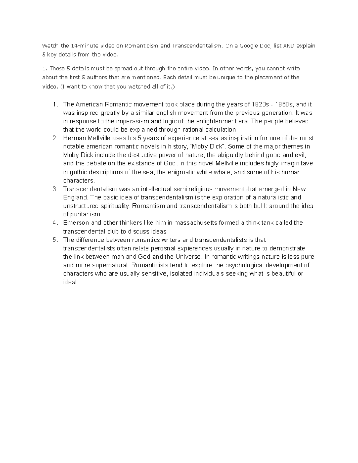 Transcendentalism Assignment #3 - Watch the 14-minute video on ...