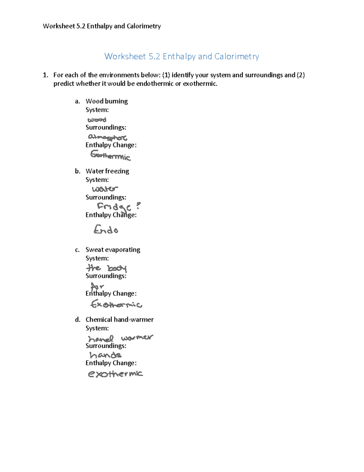 Worksheet 5.2 - Enthalpy and Calorimetry - Worksheet 5. 2 Enthalpy and ...