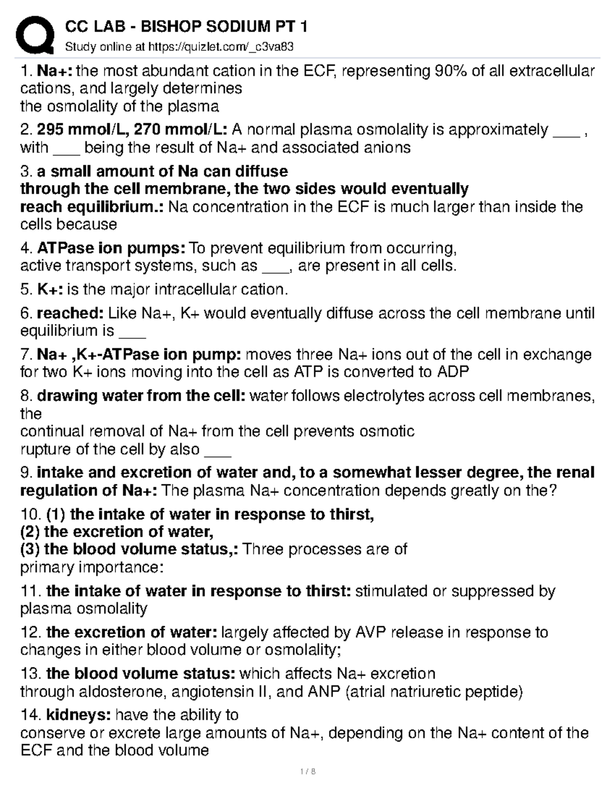 CC LAB - Bishop Sodium PT 1 - Study online at quizlet/_c3va Na+: the ...