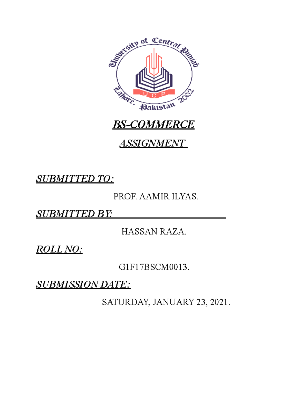 G1F17BSCM0013- Hassan RAZA - BS-COMMERCE ASSIGNMENT SUBMITTED TO: PROF ...