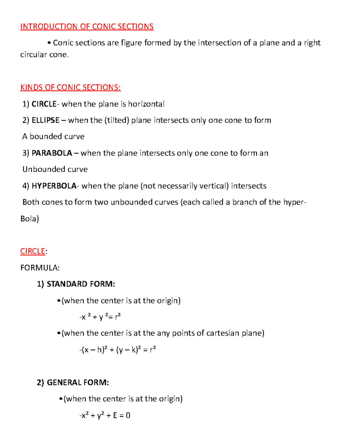 PRE-CAL - INTRODUCTION OF CONIC SECTIONS Conic sections are figure ...