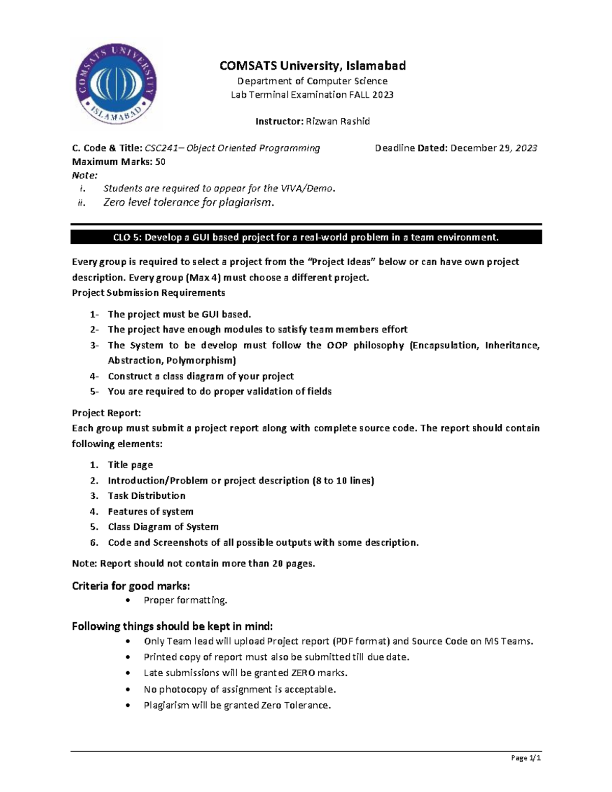 Final Exam - Lab(FA23) - OOP - Page 1 / 1 COMSATS University, Islamabad Department of Computer ...