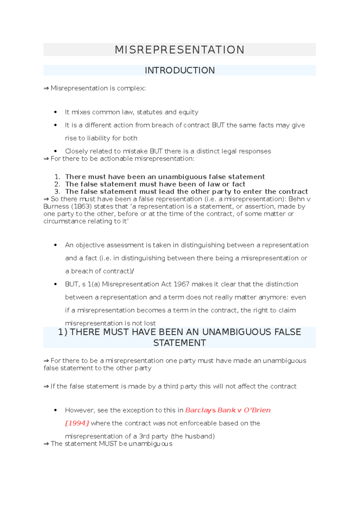 Contract 11 - Misrepresentation - MISREPRESENTATION INTRODUCTION ⇒ ...