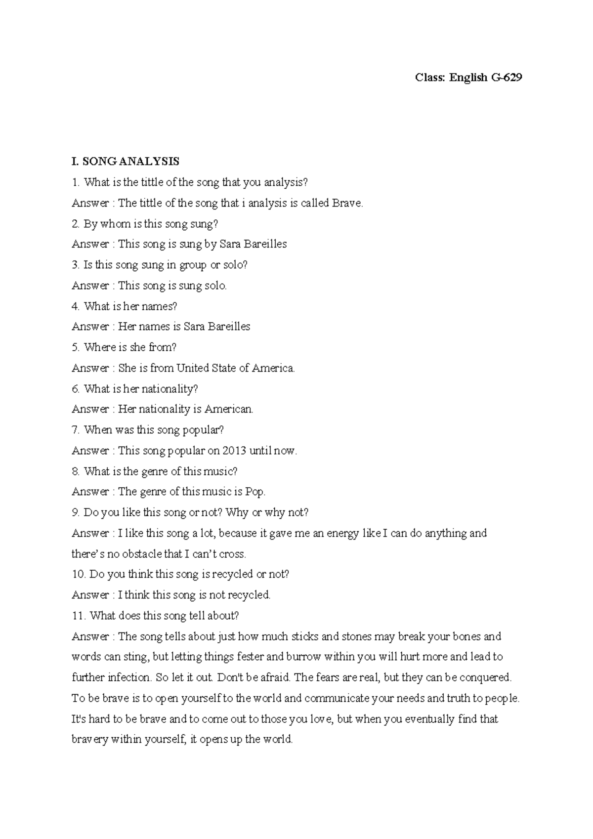 Singer Autobiography - Class: English G- I. SONG ANALYSIS What is the ...