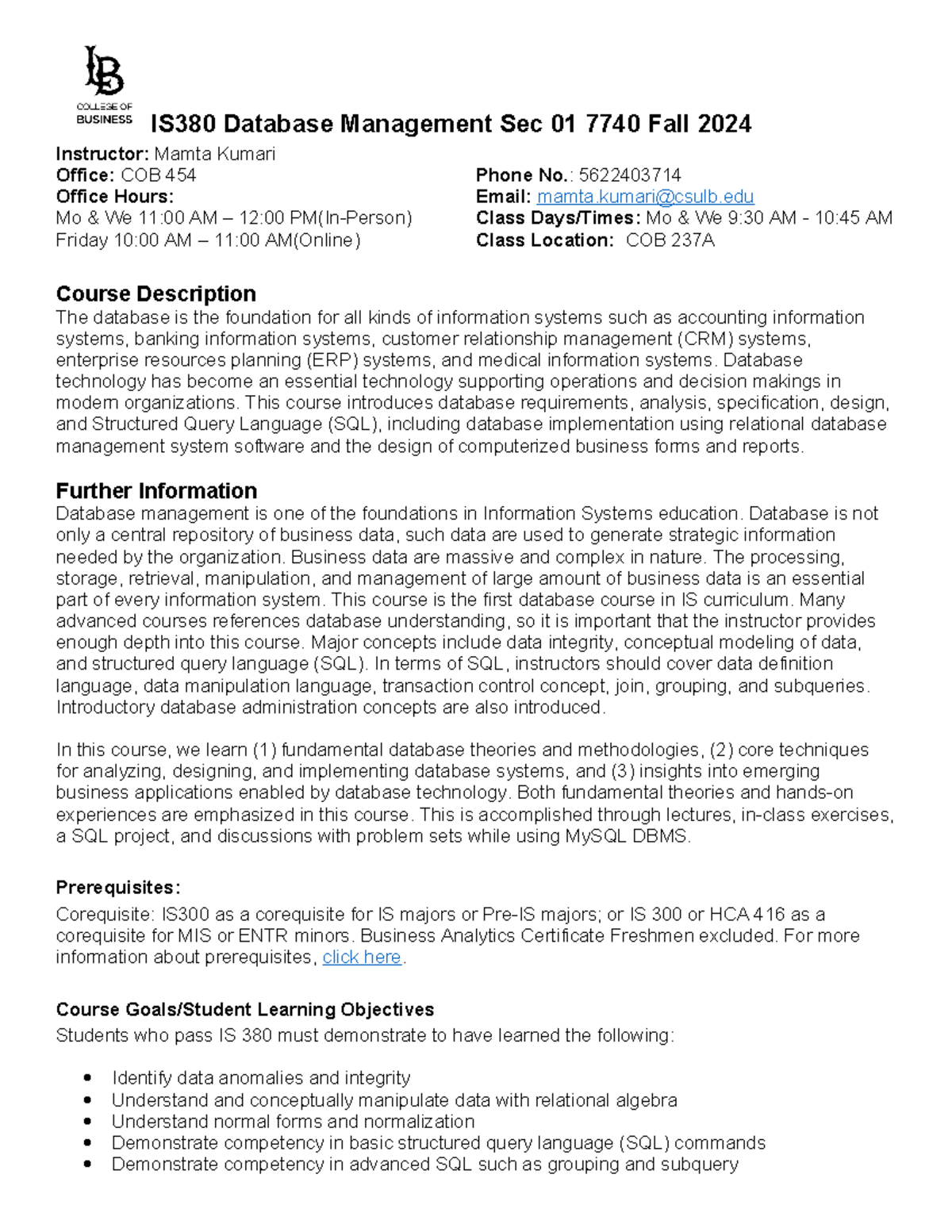 F24 Information Systems 380 Syllabus (worst ever) - IS380 Database ...