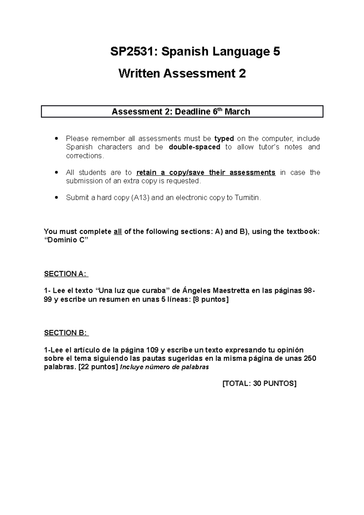 Exam 2 June 2018, questions and answers - SP2531: Spanish Language 5 ...