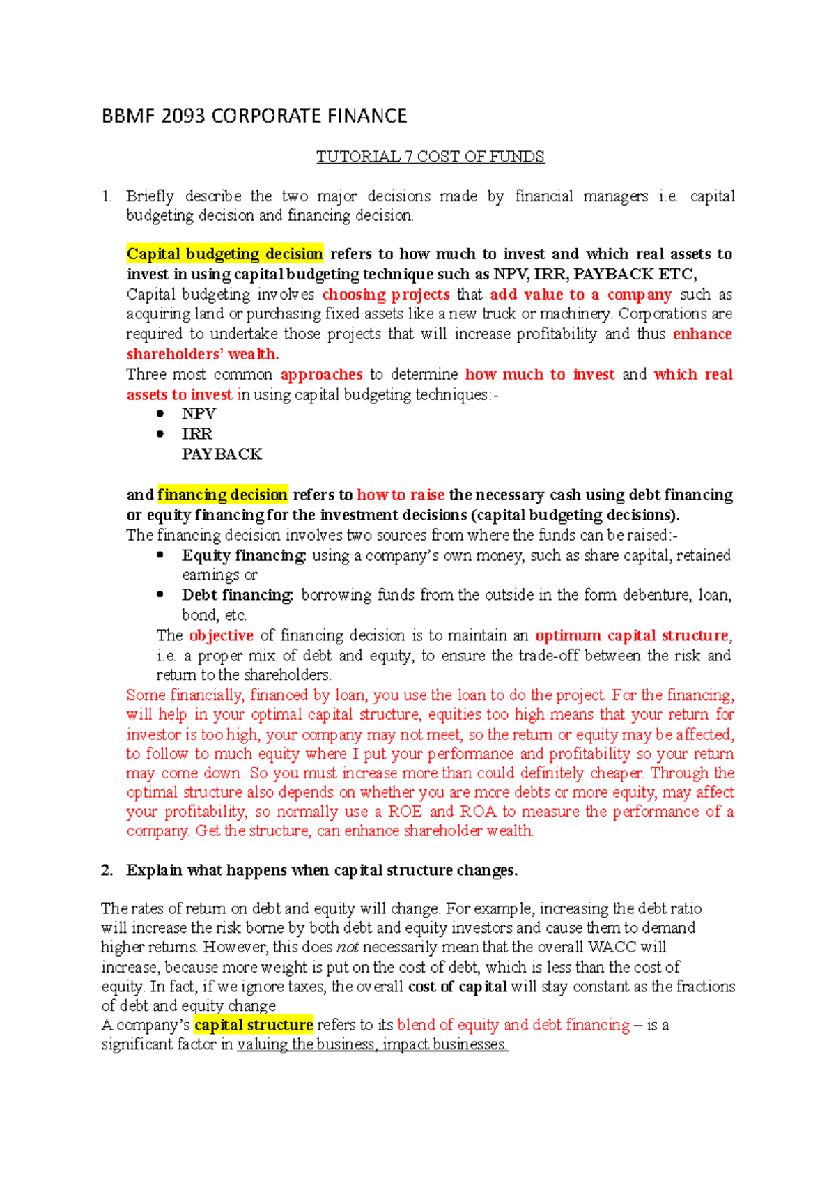 BBMF 2093CFTutorial 7 - tutorial - BBMF 2093 CORPORATE FINANCE TUTORIAL ...