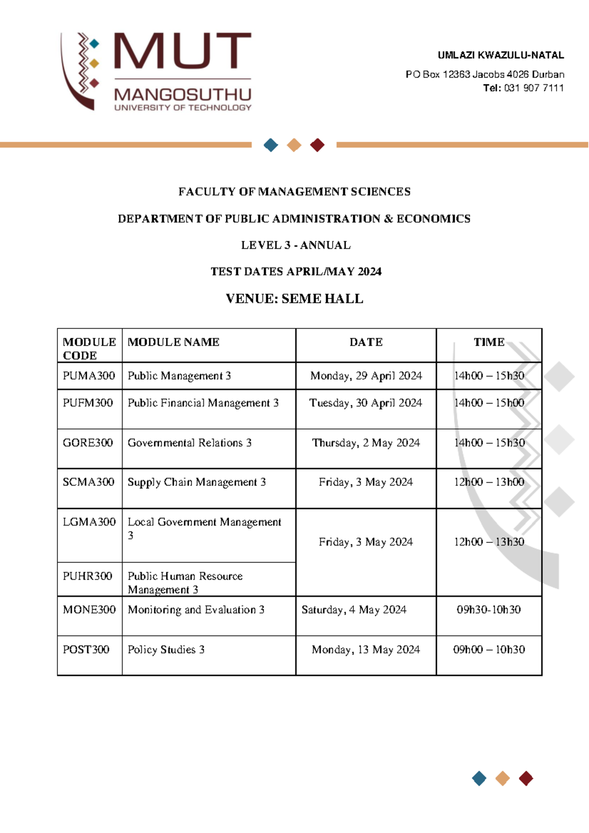 TEST Timetable 2024 - Level 3 - FACULTY OF MANAGEMENT SCIENCES ...