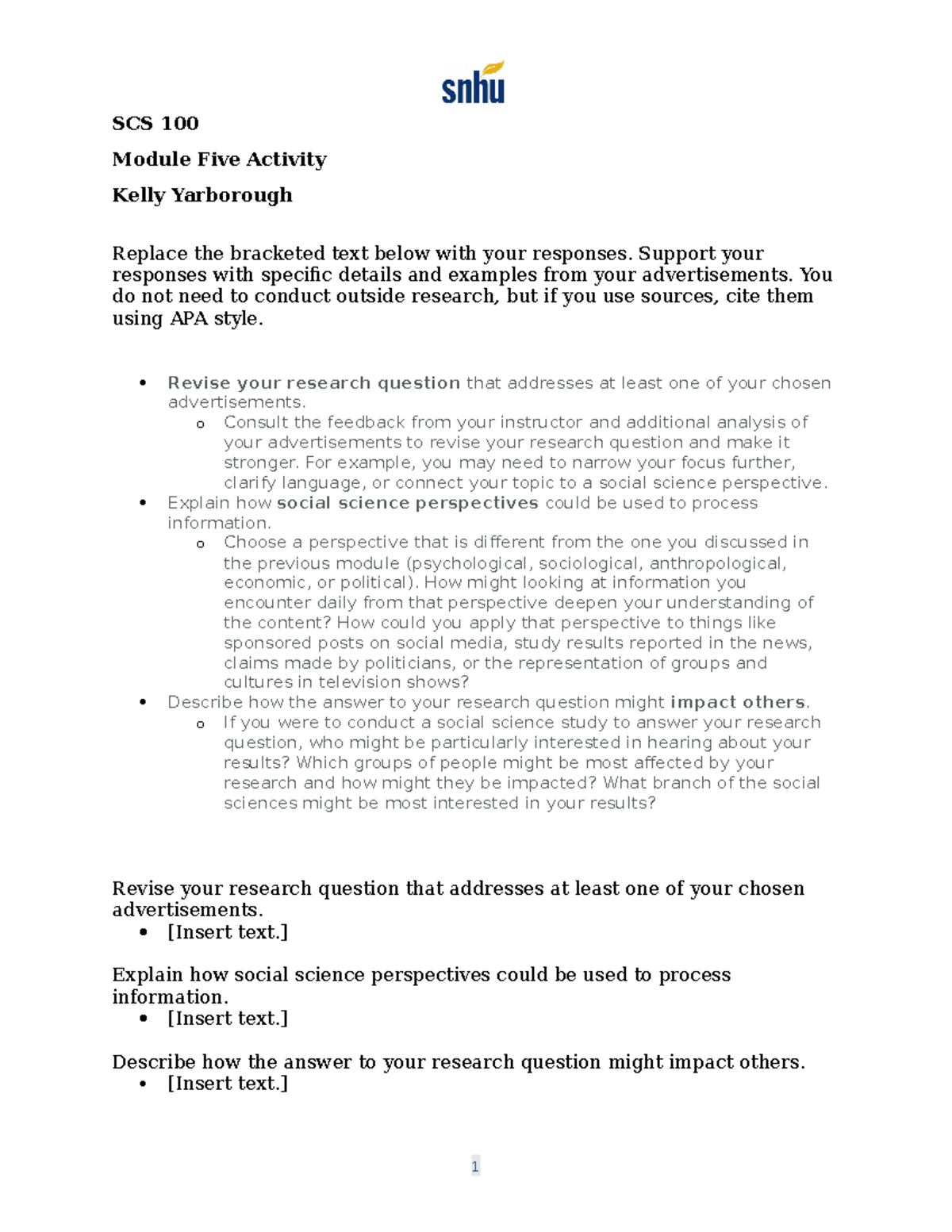 SCS 100 Module Five Activity - SCS 100 Module Five Activity Kelly Yarborough Replace the ...