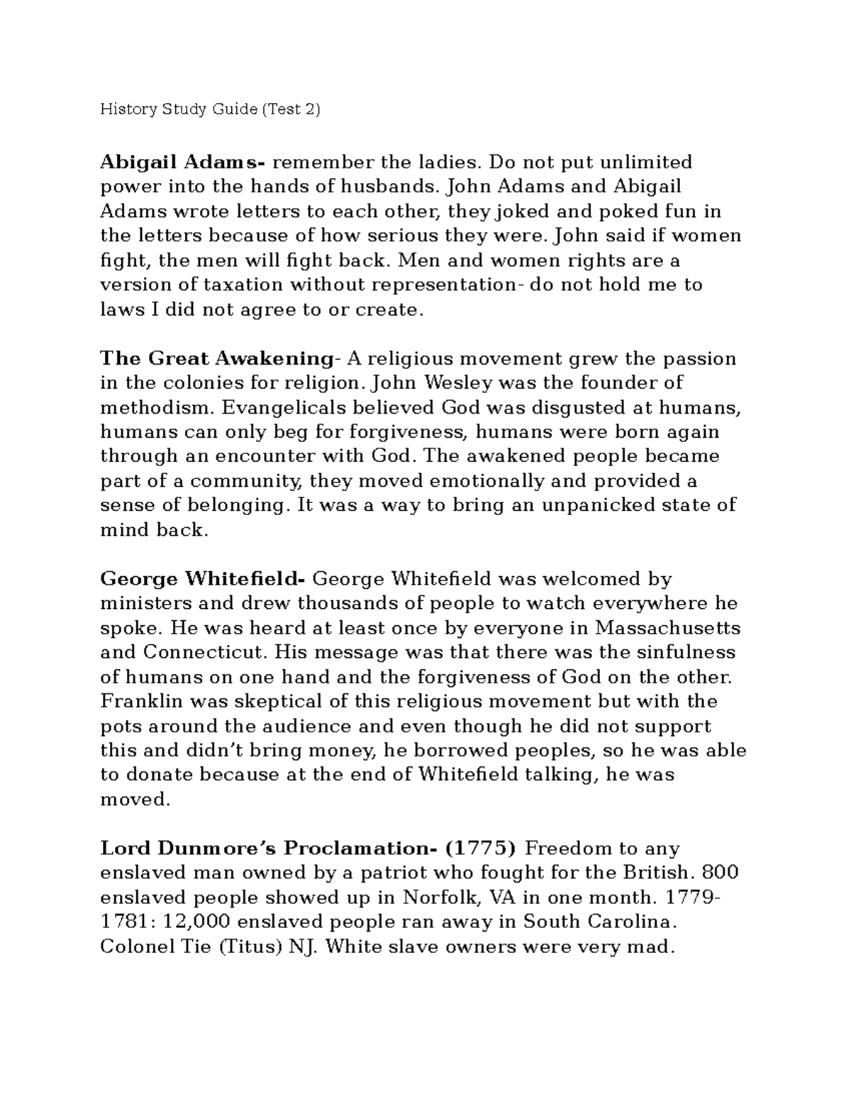 HY103 Test 2 Study Guide - History Study Guide (Test 2) Abigail Adams ...