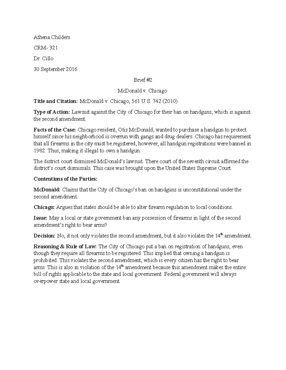 Case Brief 2 - Athena Childers CRM- 321 Dr. Cillo 30 September 2016 ...