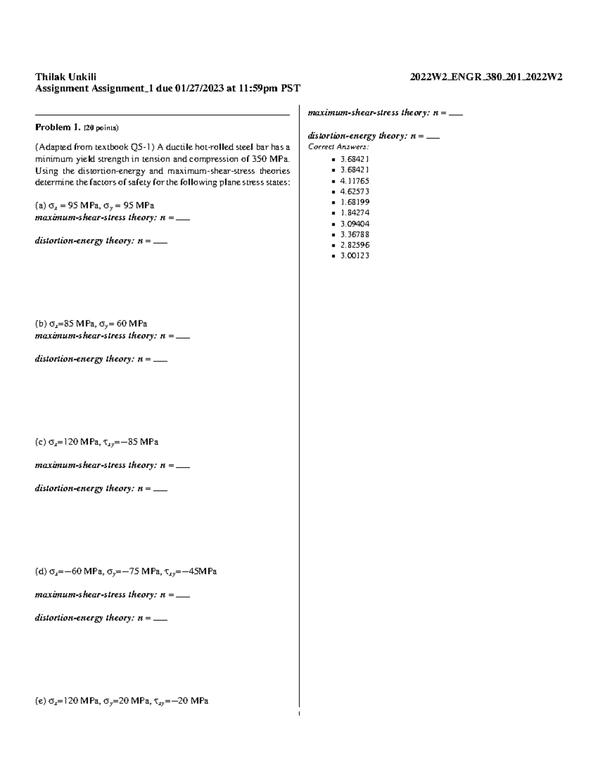 Assignment Questions Sample Final - Thilak Unkili 2022W2 ENGR 380 201 2022W Assignment ...