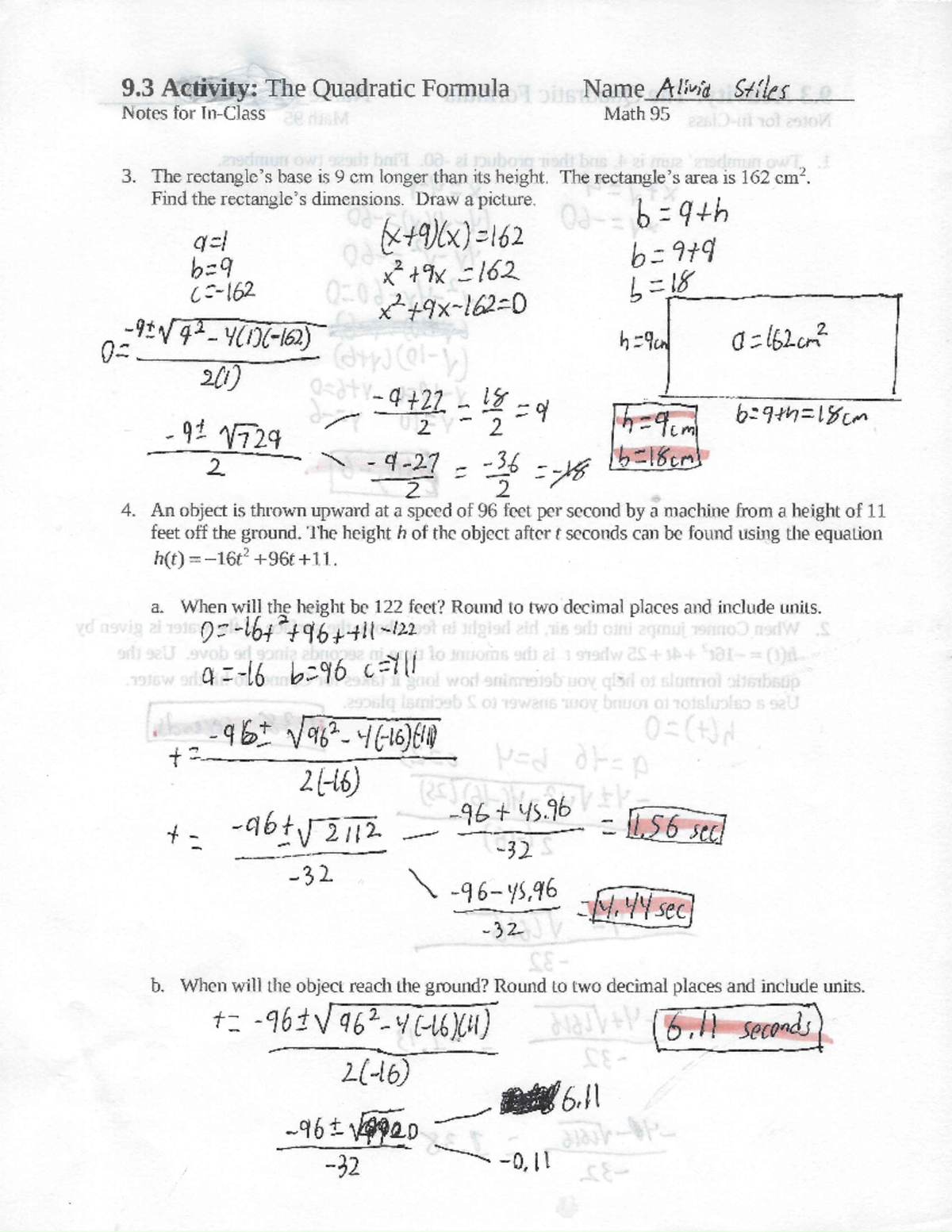 9.3 Activity Notes for In-Class: The Quadratic Formula Page 2 - 9 ...