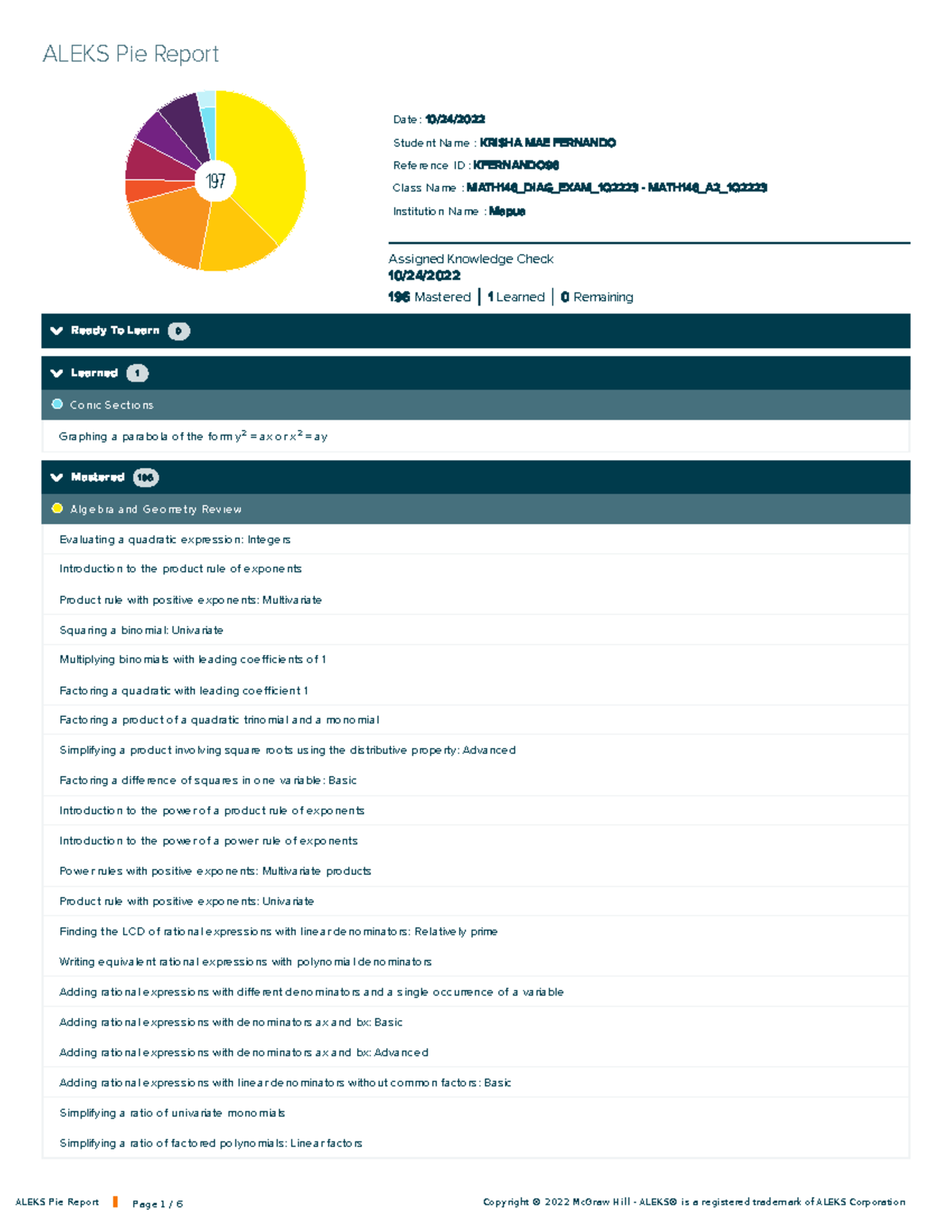 Aleks Pie Report - 196 Mastered 1 Learned 0 Remaining ALEKS Pie Report 197 Date: 10/24/ Student ...