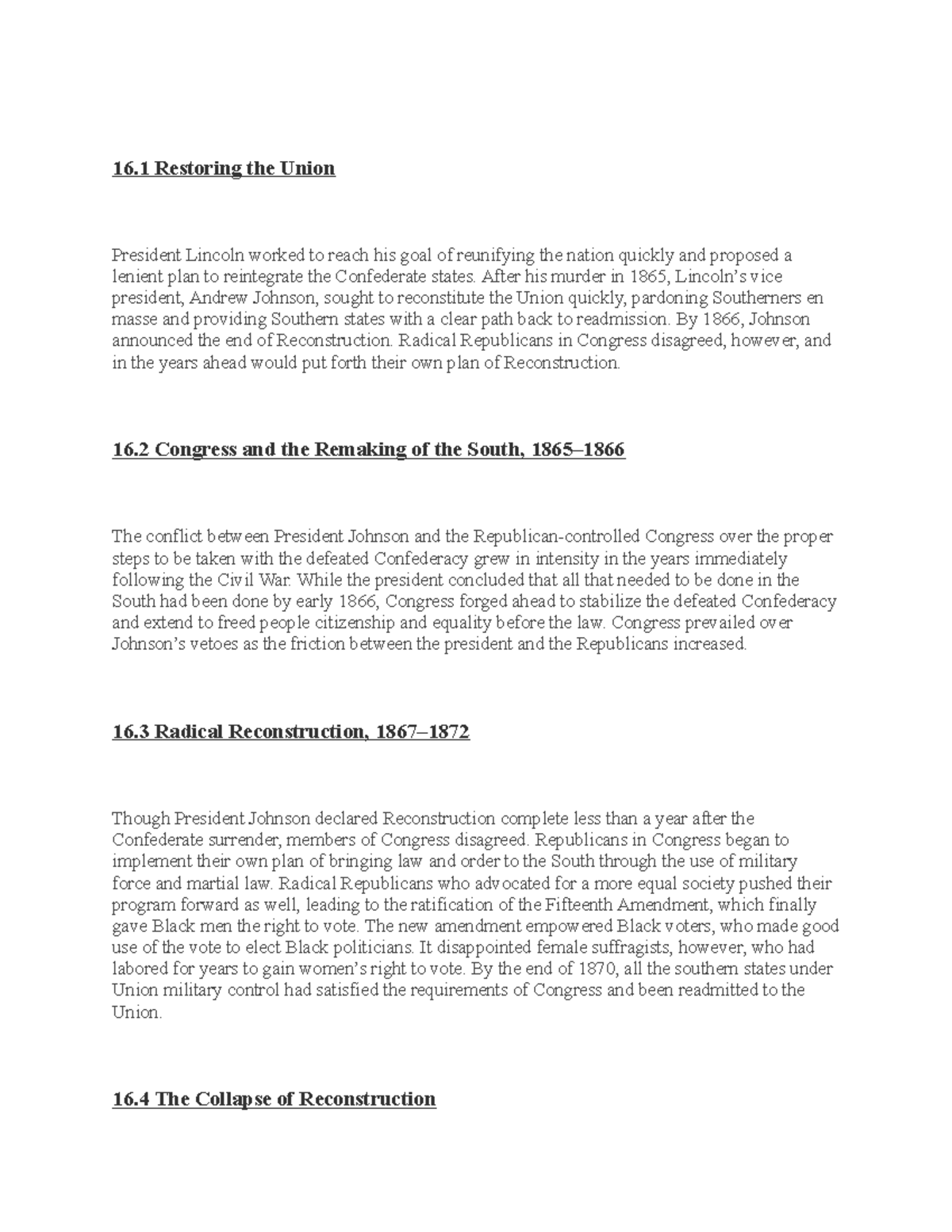 US History Chapter 16 Summary - 16 Restoring the Union President ...