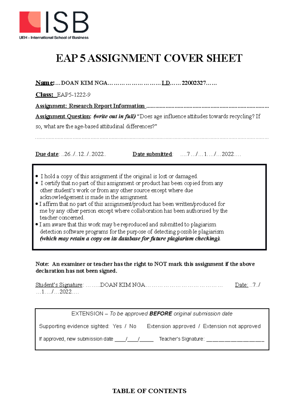 EAP5 Assignment cover sheet 09 - EAP 5 ASSIGNMENT COVER SHEET Name:.. KIM - Studocu
