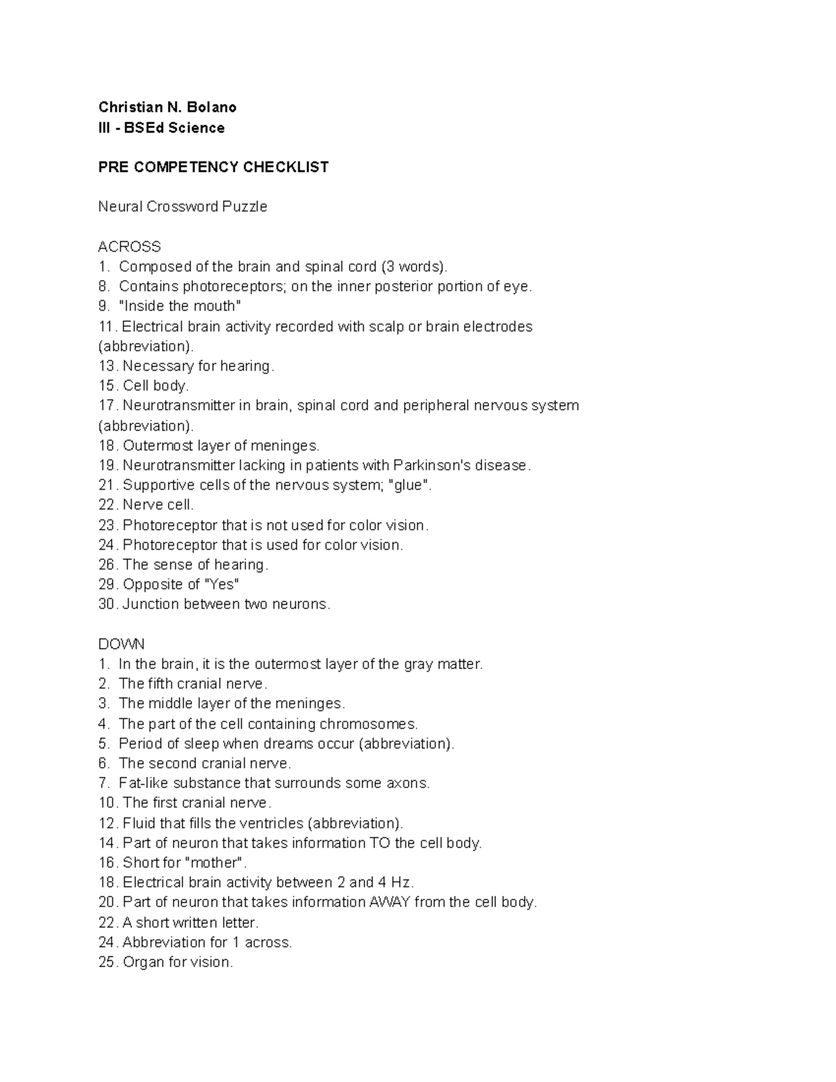 Bolano Wk8 Pre competency - Christian N. Bolano III - BSEd Science PRE COMPETENCY CHECKLIST ...