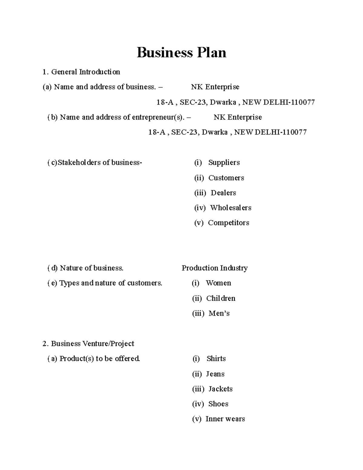 Business Plan - NOTES - Business Plan General Introduction (a) Name and ...
