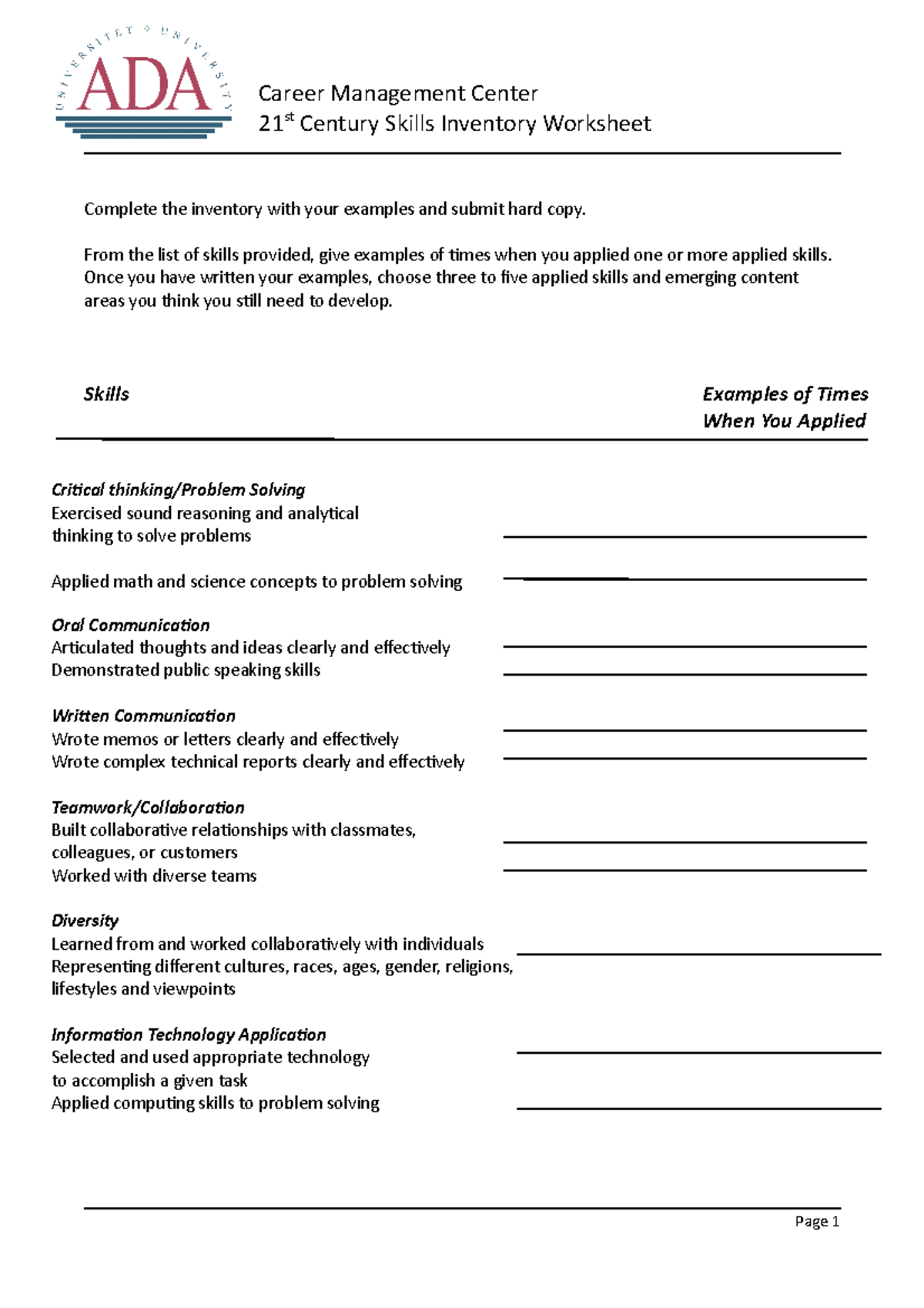 21st Century Skills Inventory - Career Management Center 21st Century ...