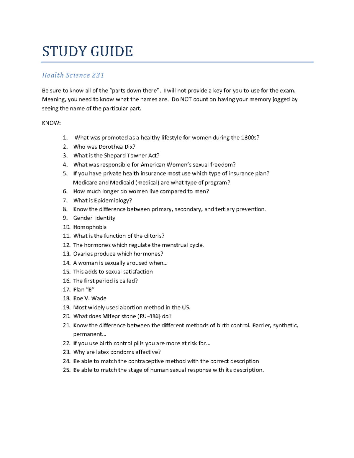 Study Guide - STUDY GUIDE Health Science Be sure to know all of the ...