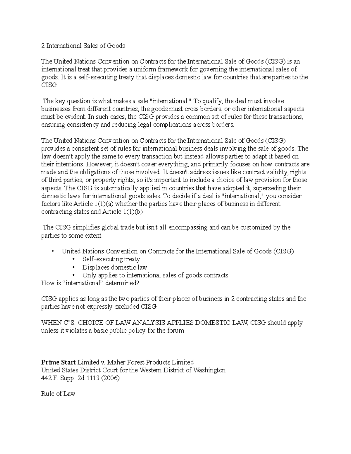 International Business Transactions Midterm Review - 2 International Sales of Goods The United ...