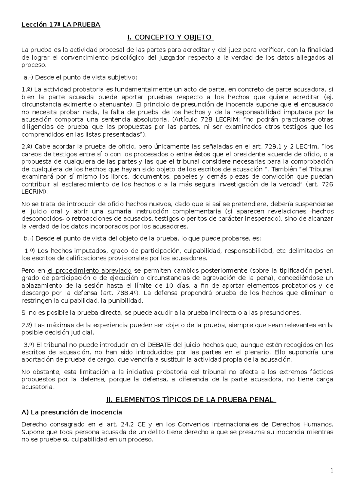 Lección 17ª LA Prueba - este tema es de procesal penal y se basa ...