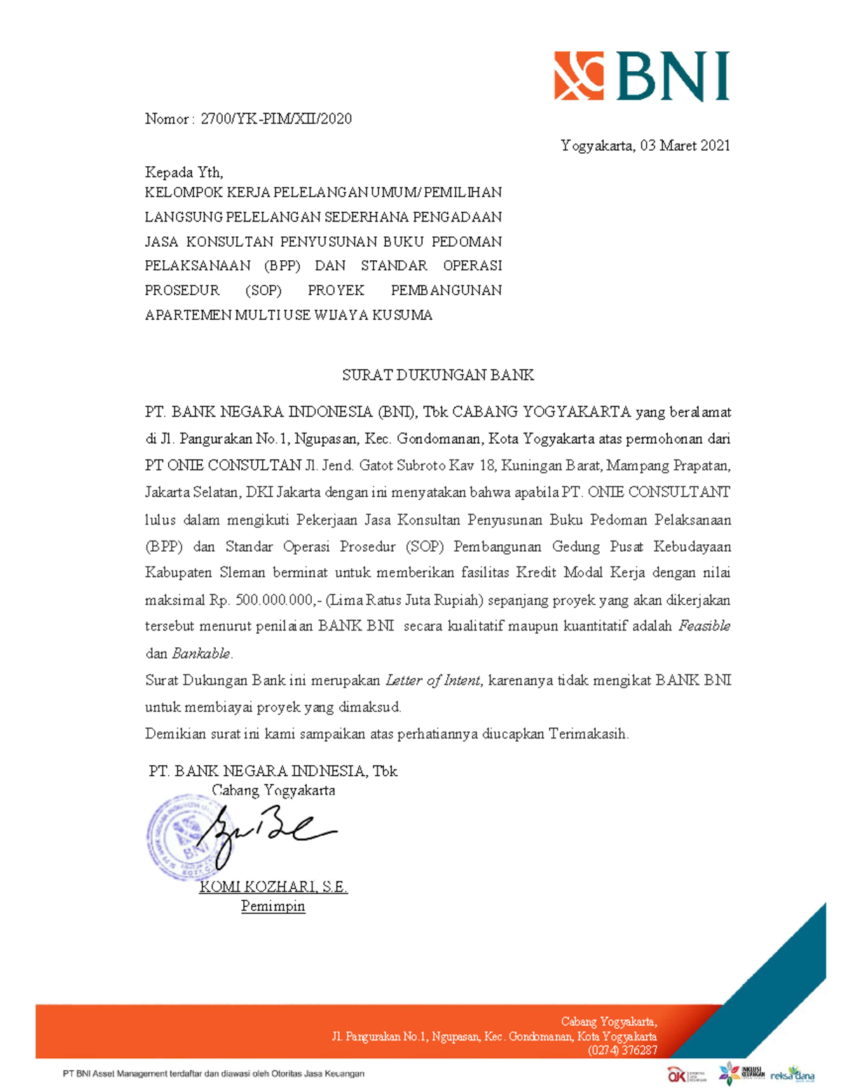 Surat Dukungan Bank (Dokumen Admin) - Cabang Yogyakarta, Jl. Pangurakan ...