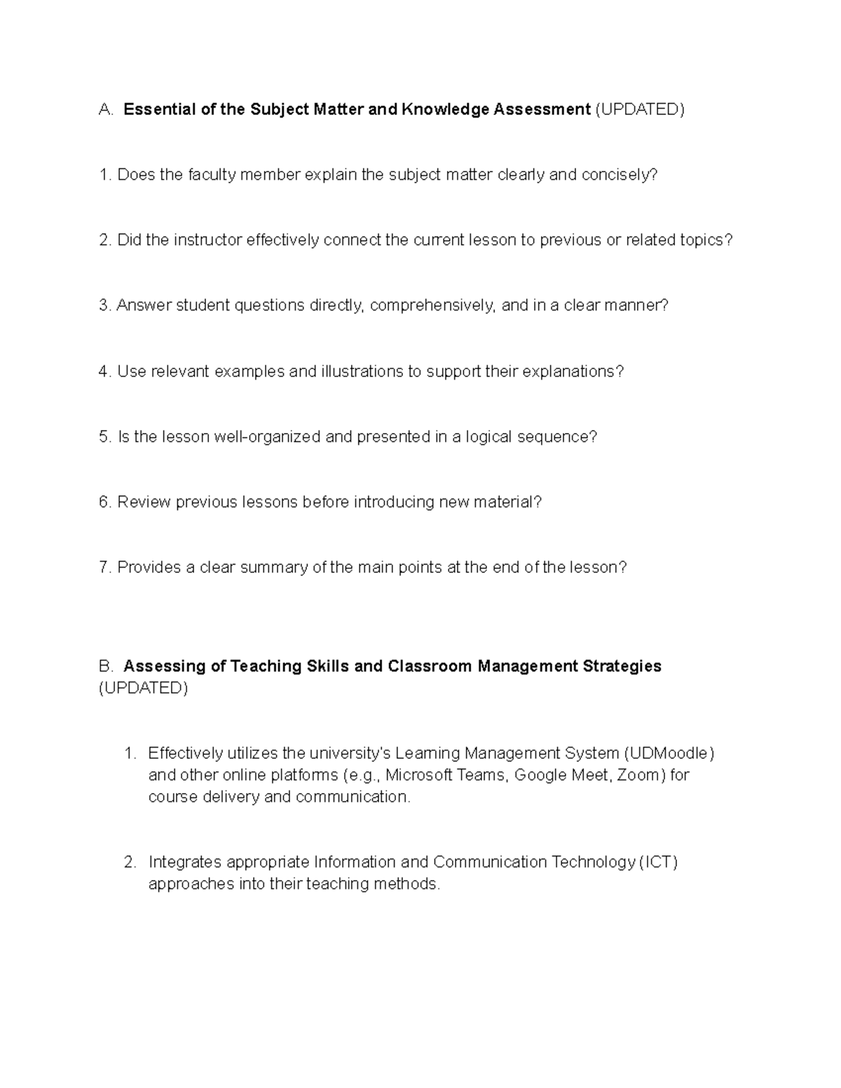 Questionnaires ( Updated) - A. Essential of the Subject Matter and ...