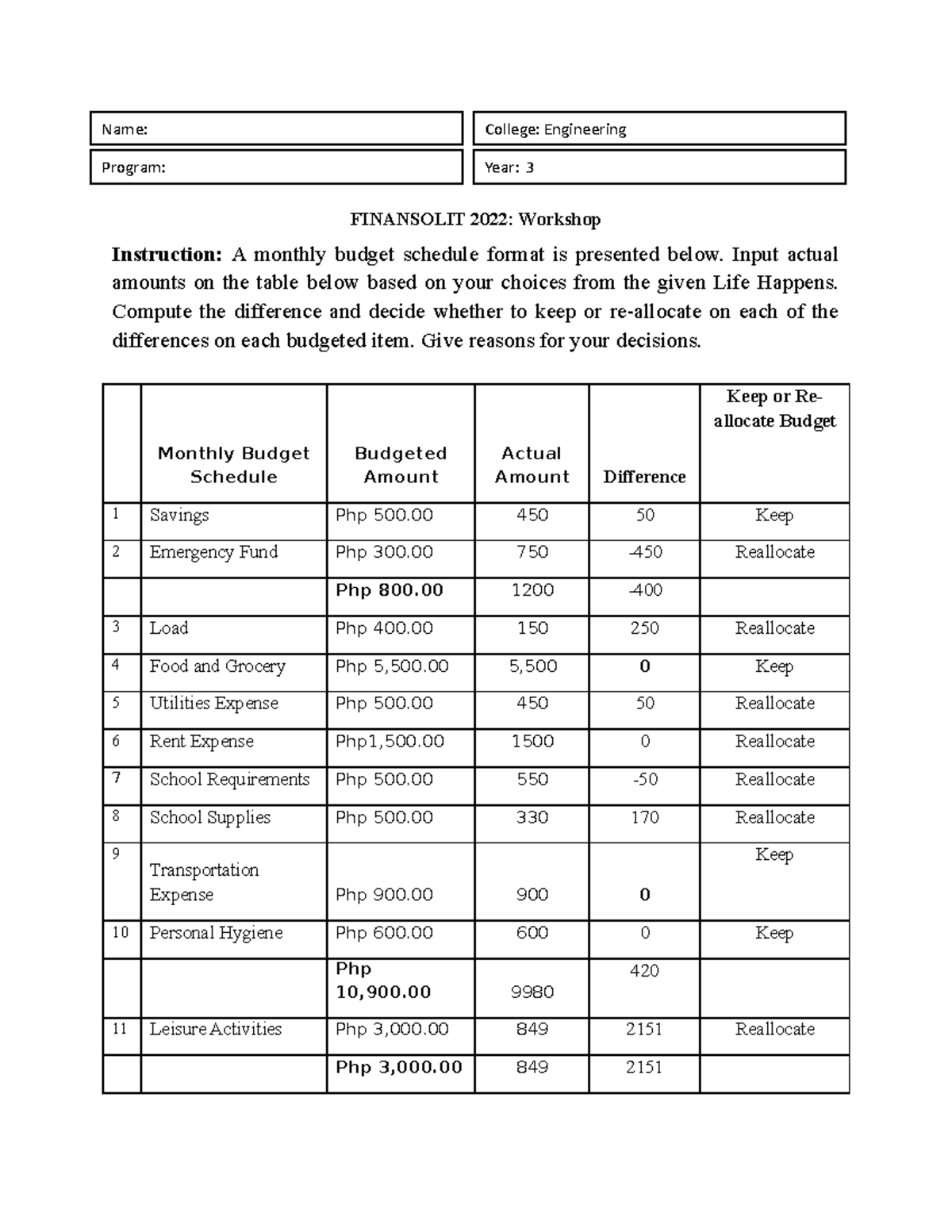 Finansolit-2022 Workshop - FINANSOLIT 2022: Workshop Instruction: A monthly budget schedule ...