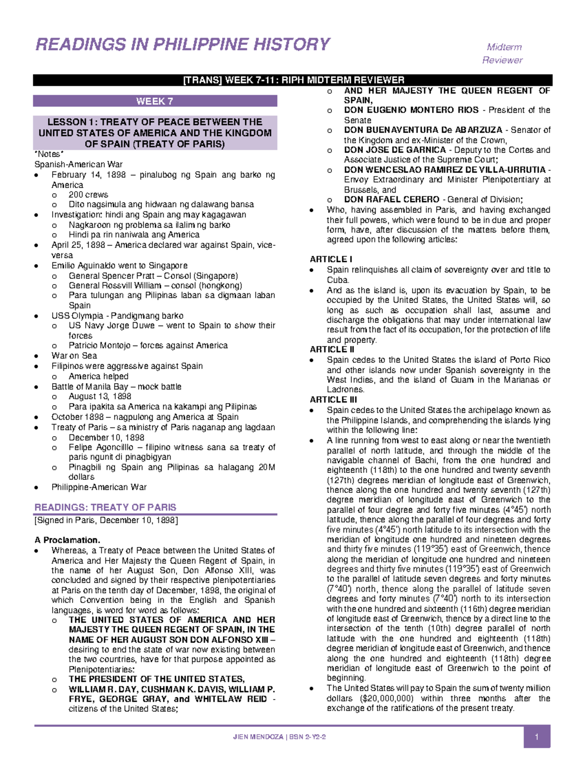 RIPH Midterm - REVIEWER!! - READINGS IN PHILIPPINE HISTORY Midterm ...