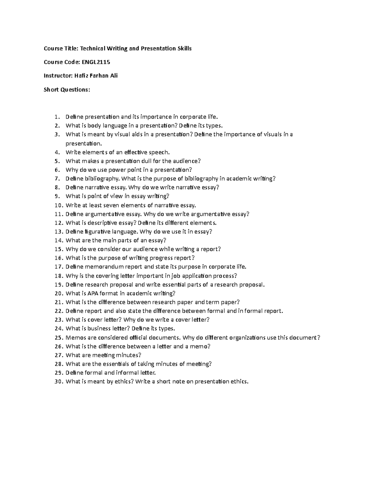 Technical Writing and Presentation Skills ENGL2115 - Course Title ...