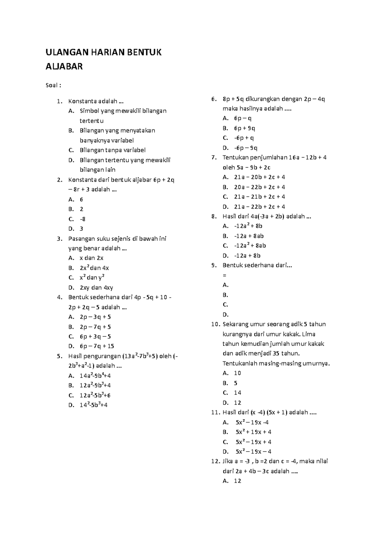 Contoh Soal Ulangan Harian Bentuk Aljabar - ULANGAN HARIAN BENTUK ...