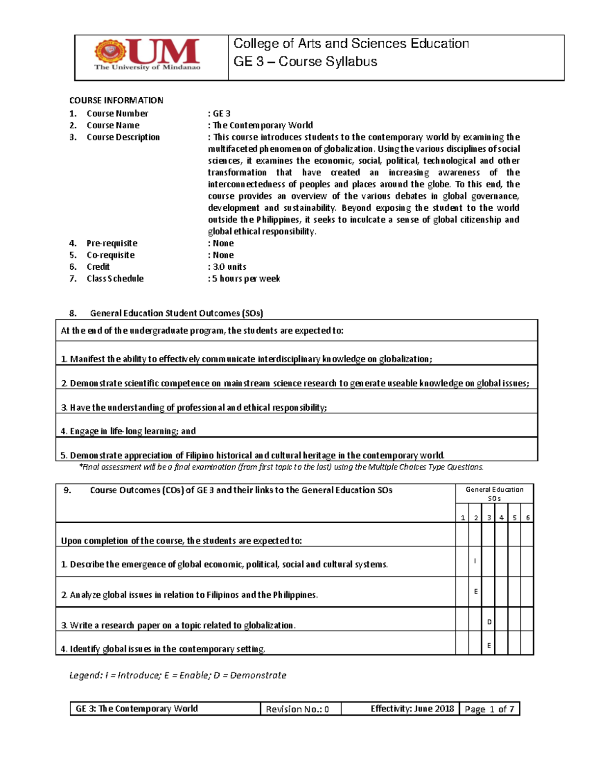 Syllabi-GE3 - Huy - GE 3 – Course Syllabus COURSE INFORMATION Course ...