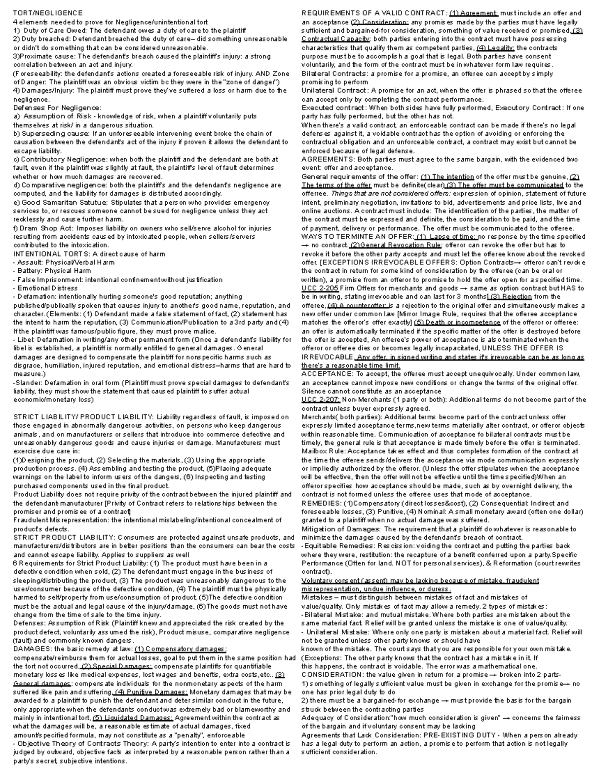 Final Review Sheet - TORT/NEGLIGENCE 4 elements needed to prove for Negligence/unintentional ...