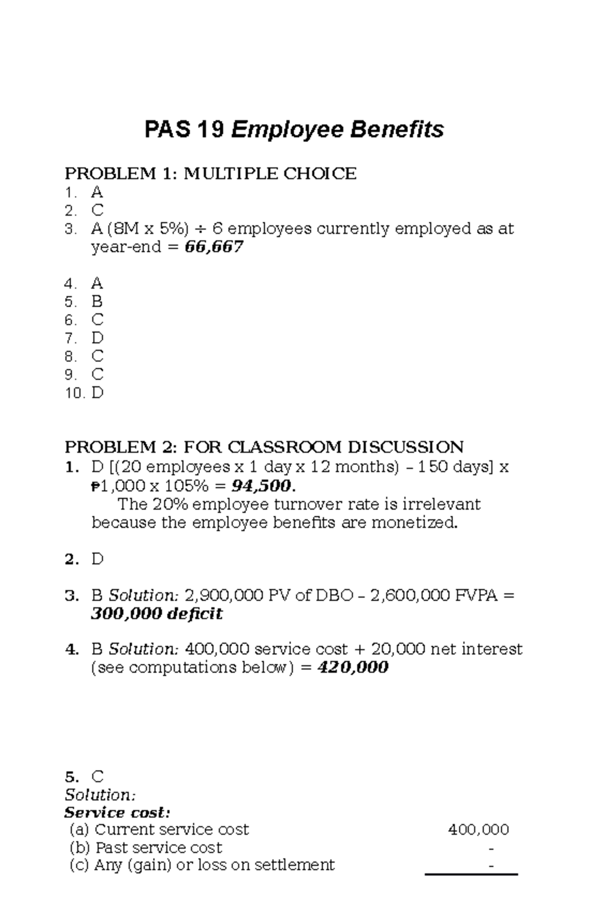 SOL-MAN PAS-19- Employee- Benefits - PAS 19 Employee Benefits PROBLEM 1 ...