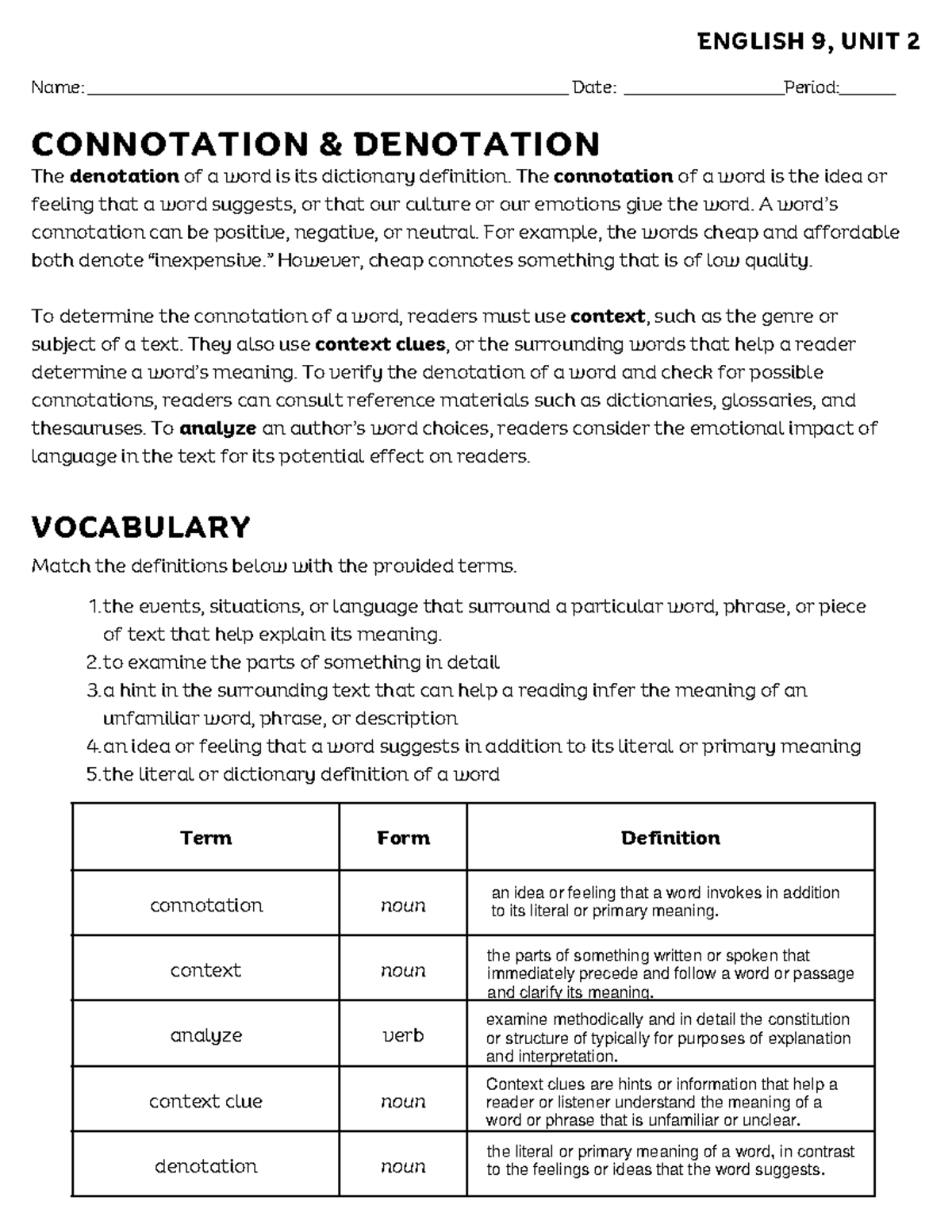 Connotation Denotation Notes & Skills Practice (1)-1 - Term Form ...