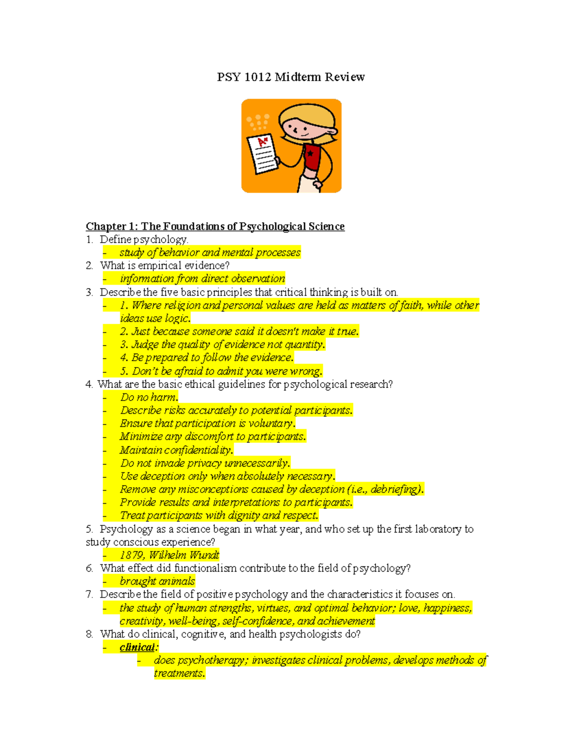 PSY 1012 Midterm Review - Coon 2022 - PSY 1012 Midterm Review Chapter 1 ...