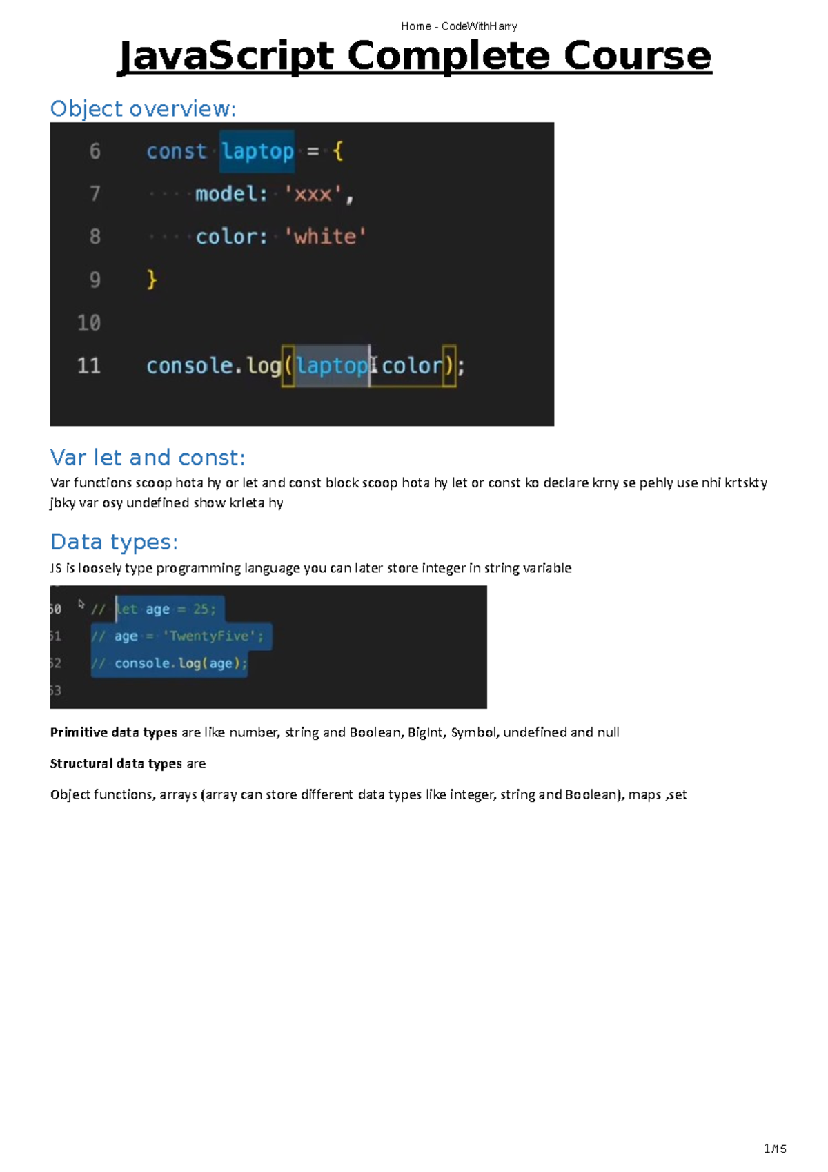 Java Script Basic Home Codewithharry 1 Javascript Complete Course Object Overview Var Let