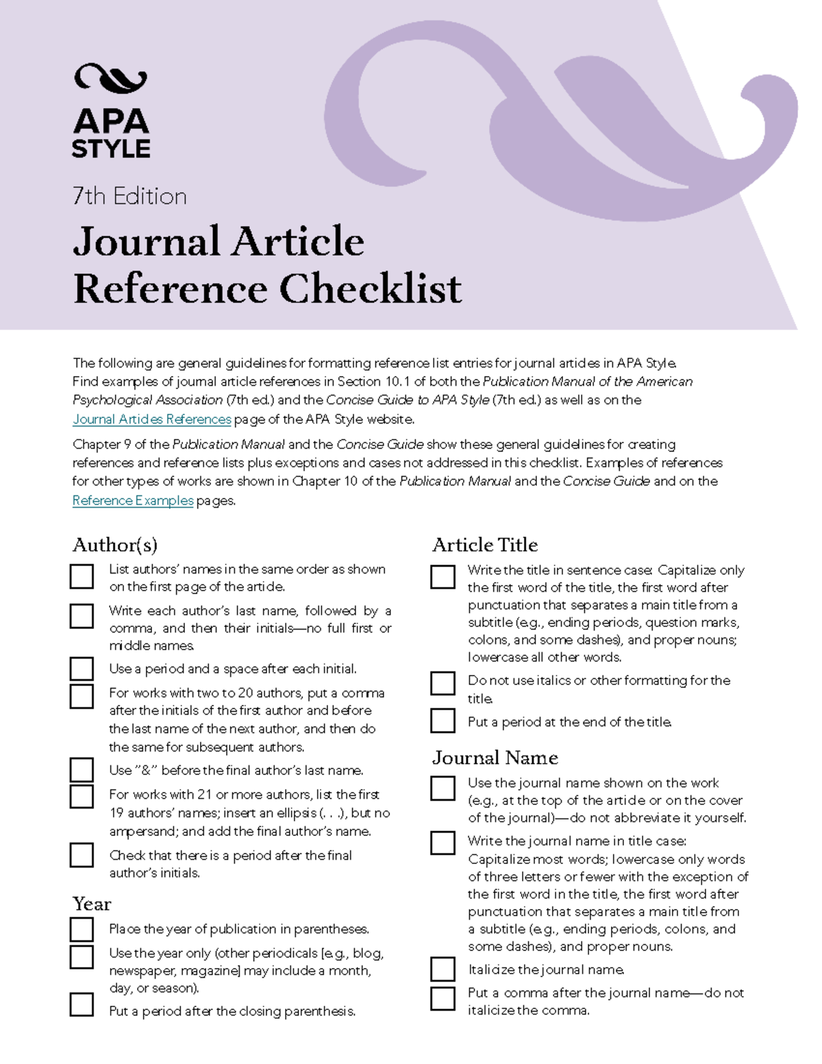 Journal Article Reference Checklist (APA Style) - 7th Edition Journal ...
