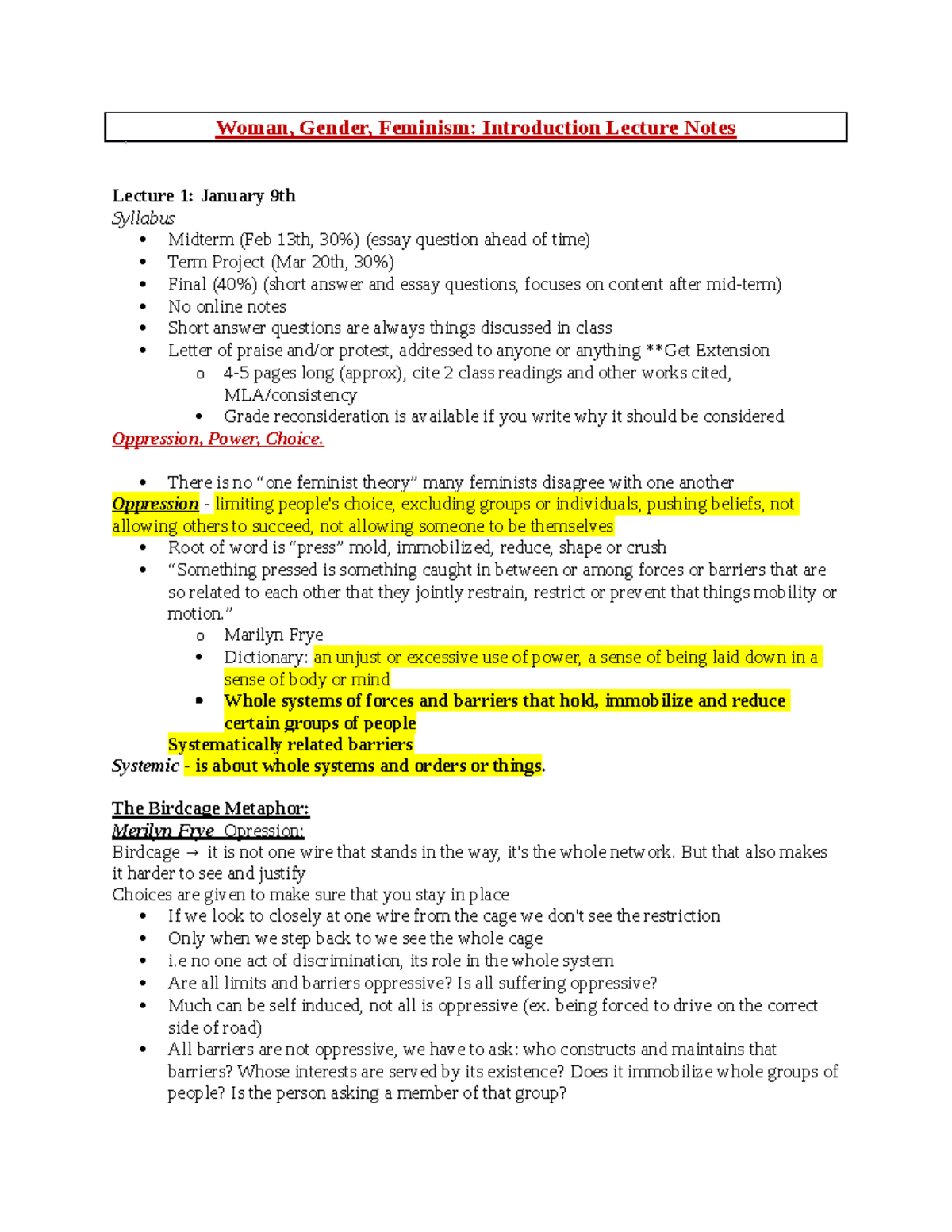 FEM Midterm - n.a - Woman, Gender, Feminism: Introduction Lecture Notes ...