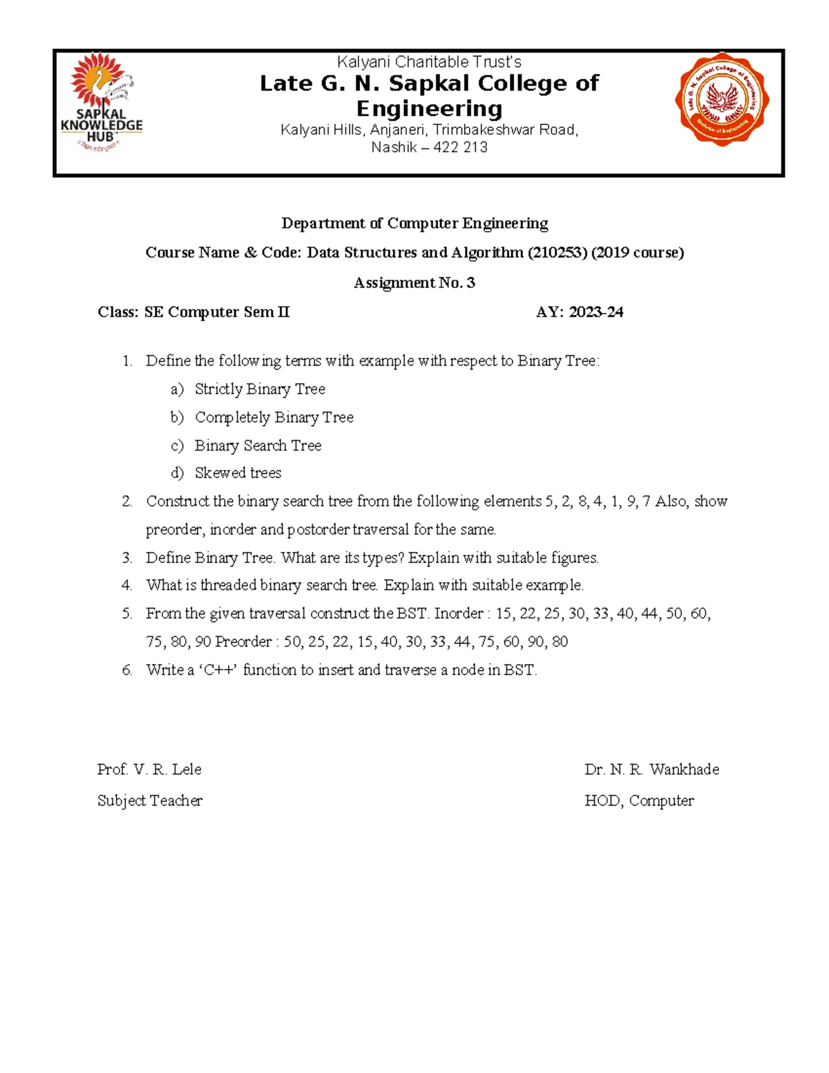 DSA Assignment No 3 6 - no comments - Late G. N. Sapkal College of Engineering Kalyani Hills ...